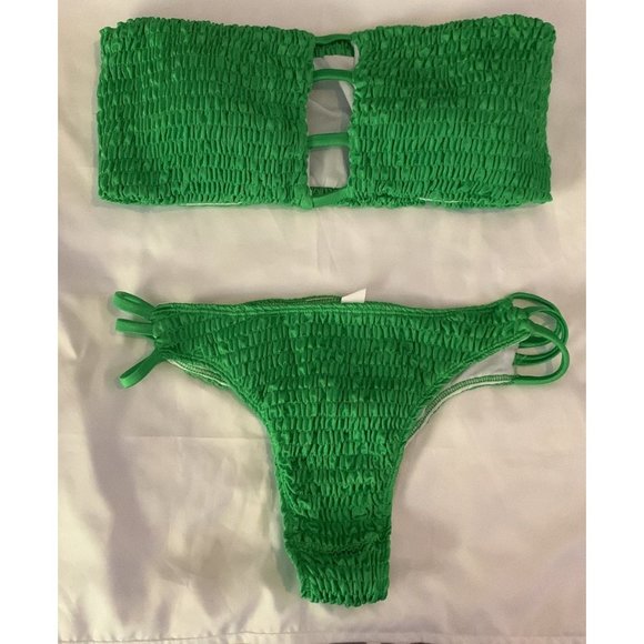 Swim | Womens 2 Piece Bandeau Keyhole Ribbed Green Bikini Setsmall ...